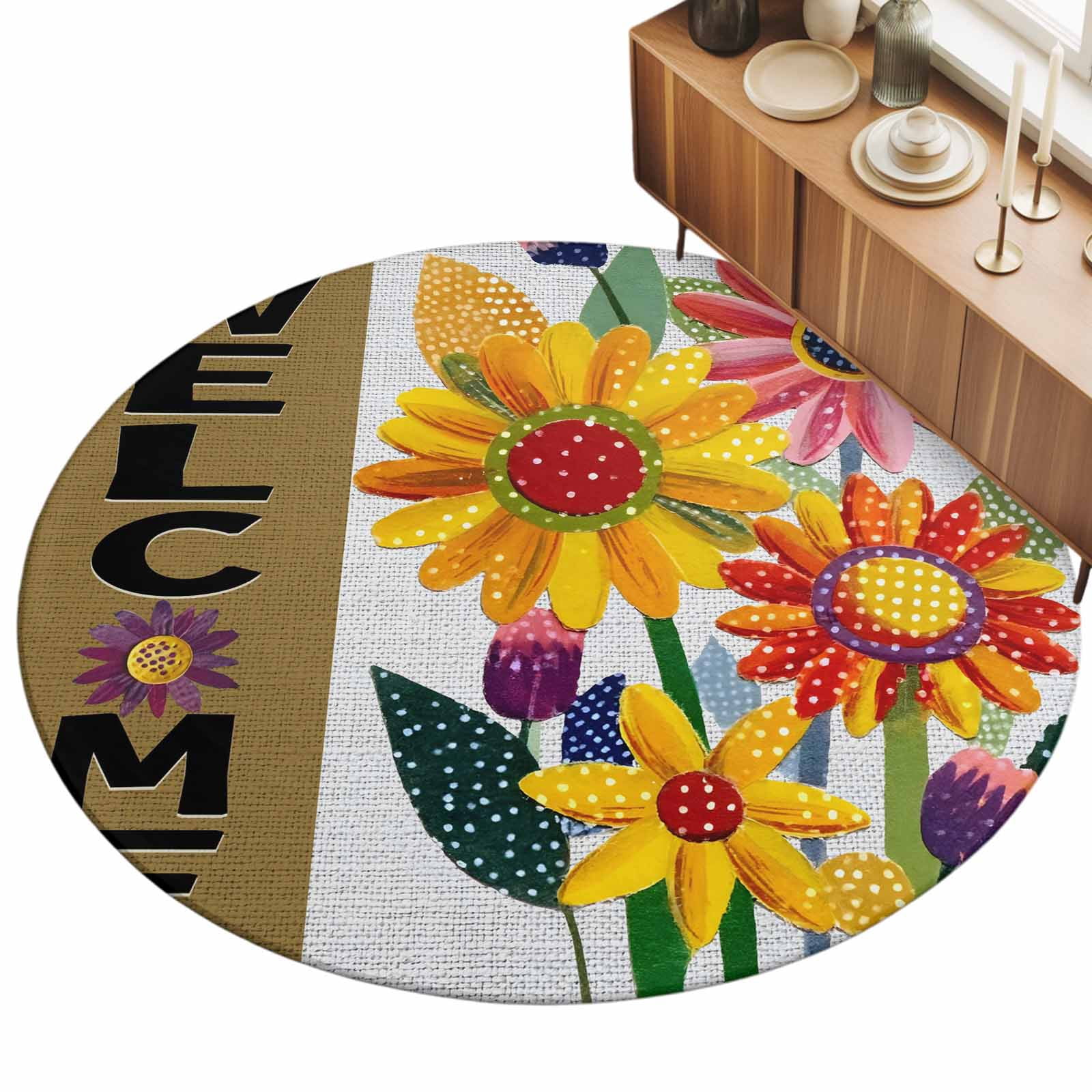 8ft Round Rug Spring Daisy Area Rugs for Living Room Bedroom Washable ...