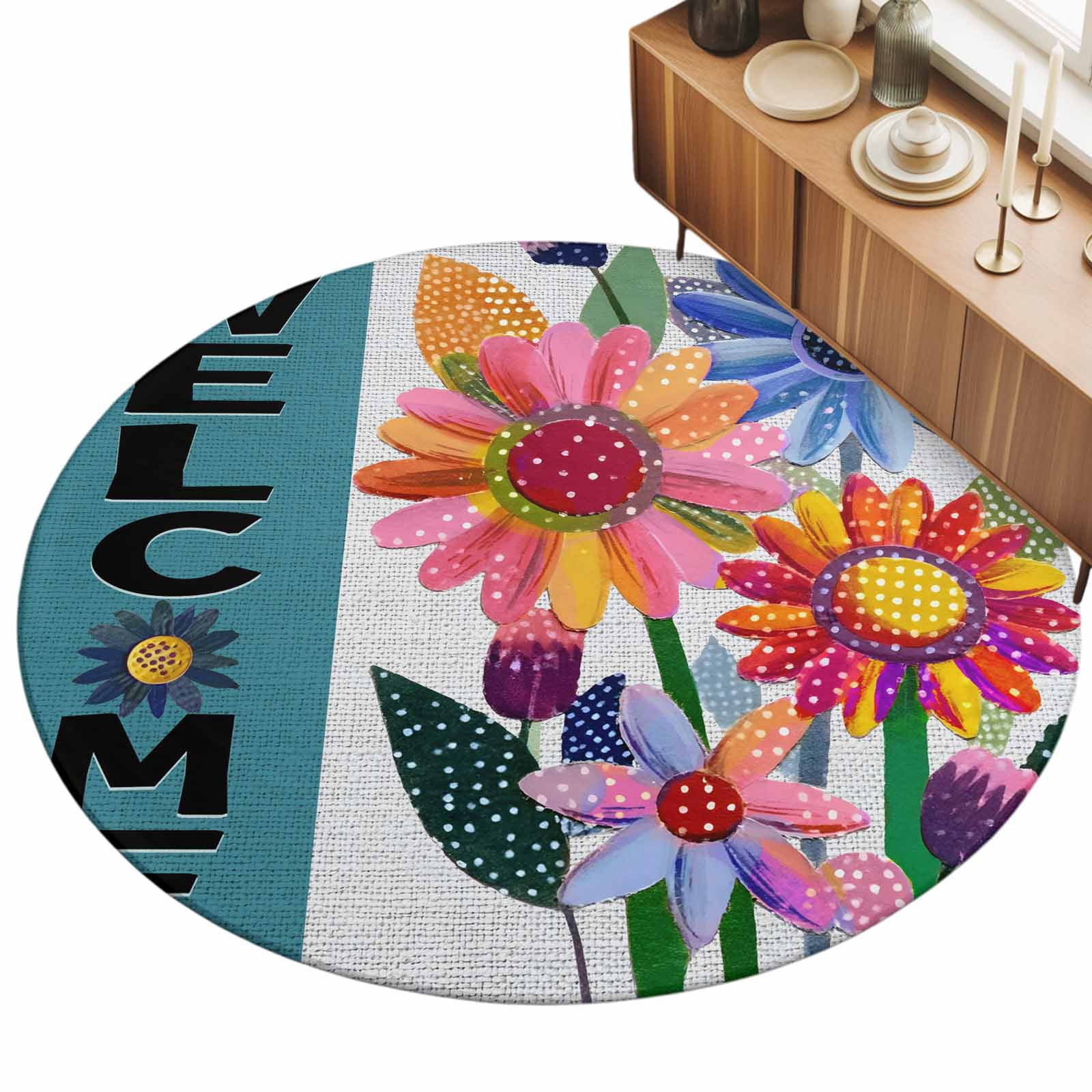 8ft Round Rug Spring Daisy Area Rugs for Living Room Bedroom Washable ...