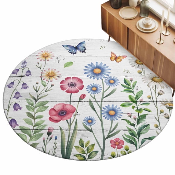 8ft Round Rug Spring Floral Area Rugs for Living Room Bedroom Washable ...