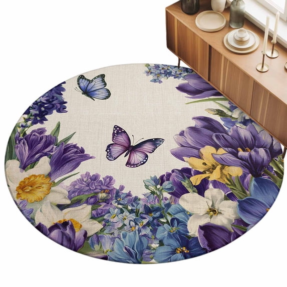 8ft Round Rug Spring Floral Area Rugs for Living Room Bedroom Washable ...