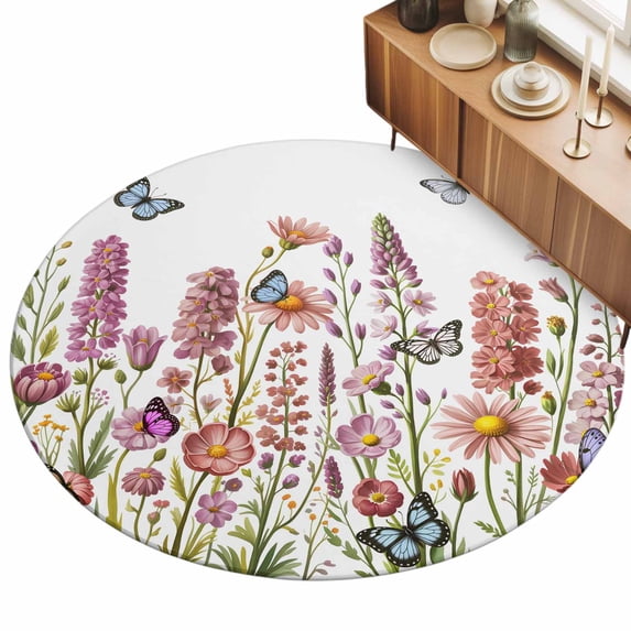 8ft Round Rug Spring Floral Area Rugs for Living Room Bedroom Washable ...