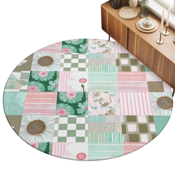 8ft Round Rug Spring Floral Checkered Area Rugs for Living Room Bedroom ...