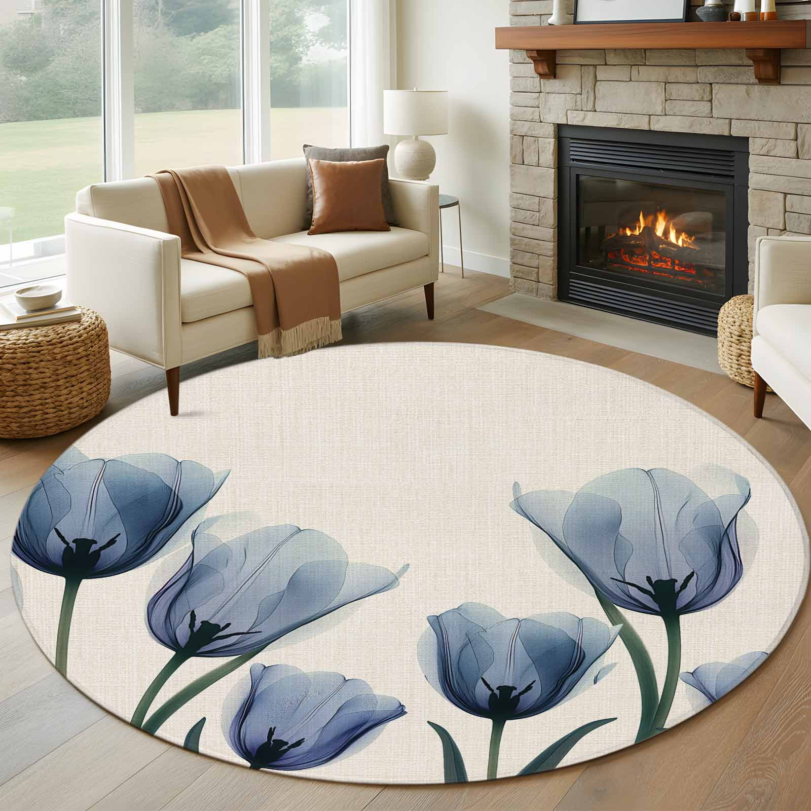 8ft Round Rug, Spring Floral Non-Skid Rubber Backing Large Area Rugs ...