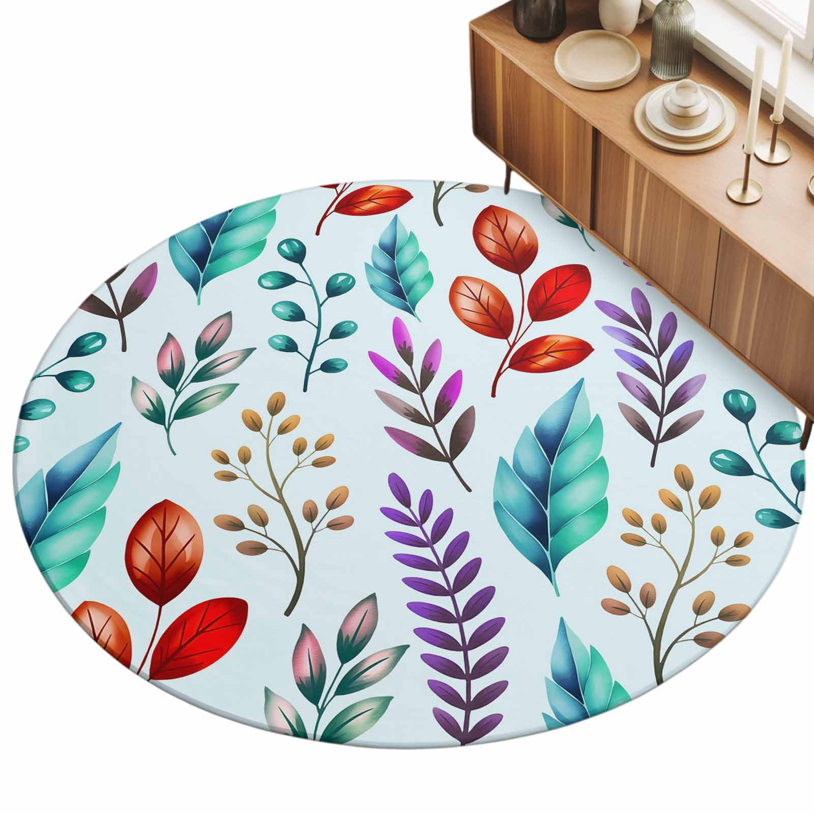8ft Round Rug Spring Leaves Area Rugs for Living Room Bedroom Washable ...