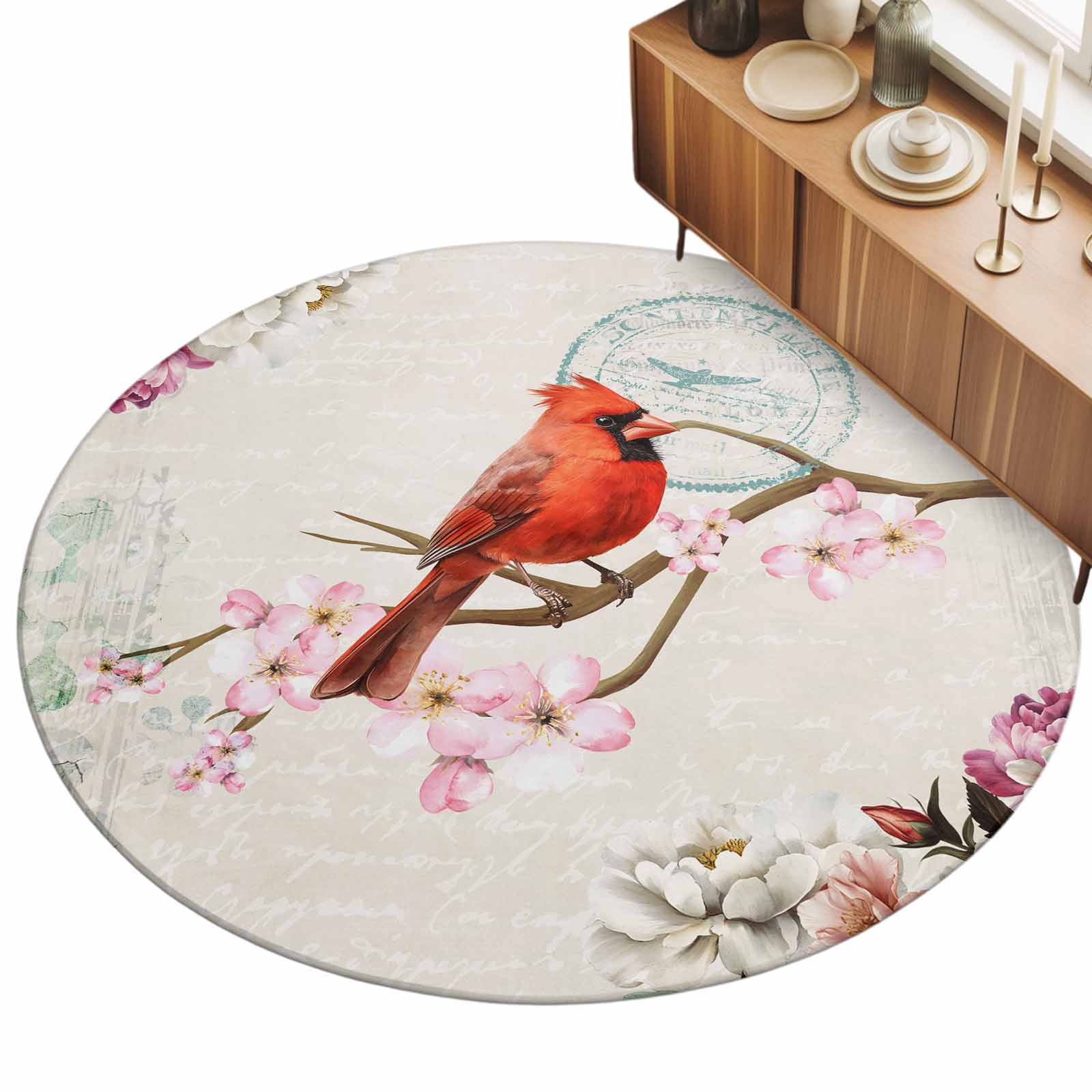 8ft Round Rug Spring Red Bird Area Rugs for Living Room Bedroom ...