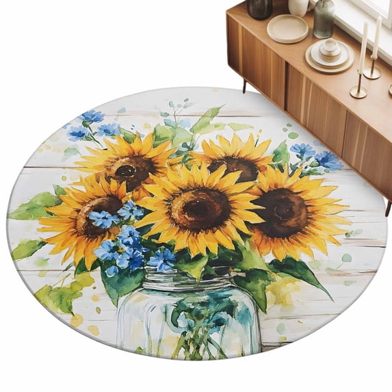 8ft Round Rug Sunflower Area Rugs for Living Room Bedroom Washable Non ...