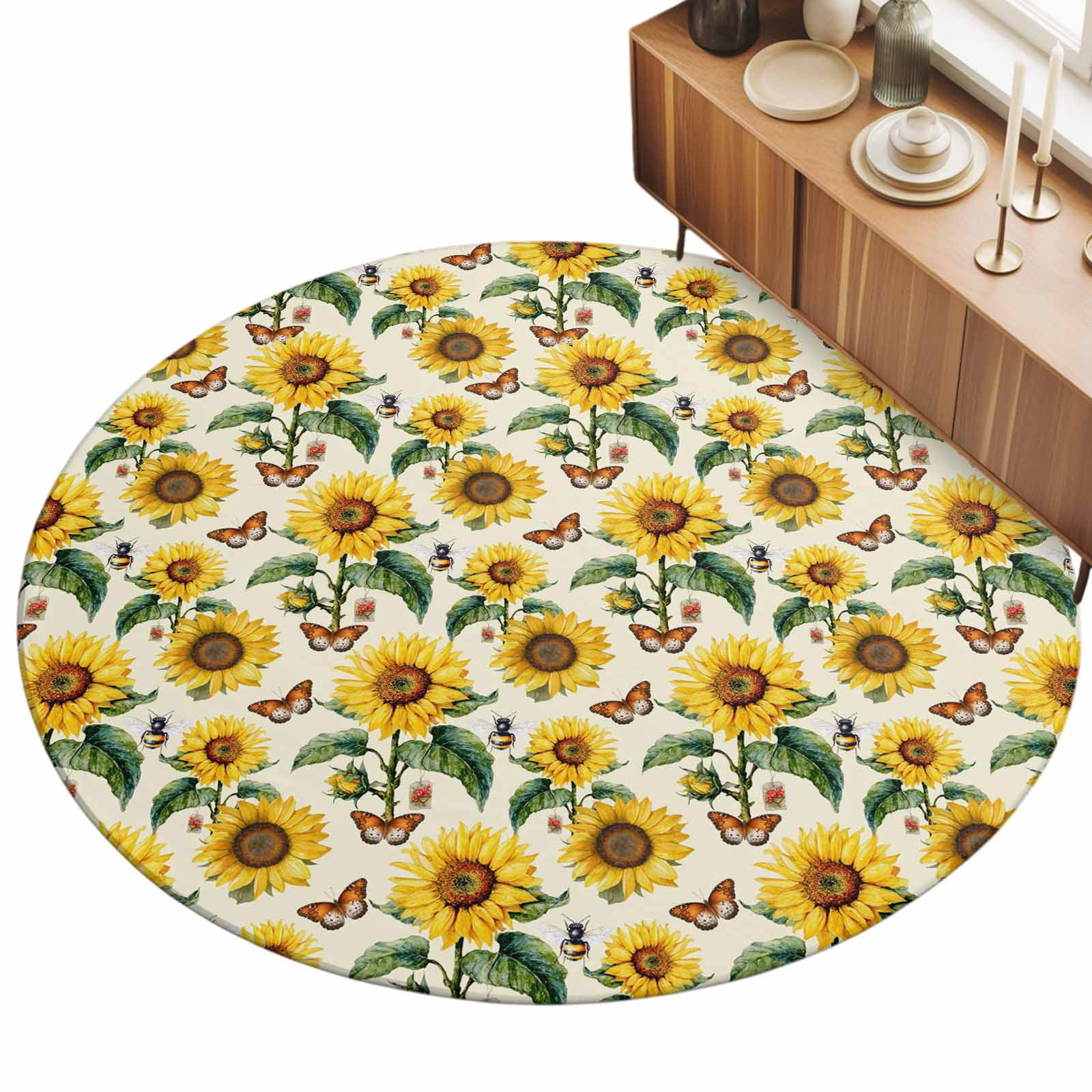 8ft Round Rug Sunflowers Area Rugs for Living Room Bedroom Washable Non ...