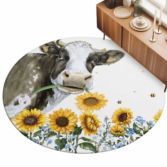 8ft Round Rug Sunflowers Cow Area Rugs for Living Room Bedroom Washable ...