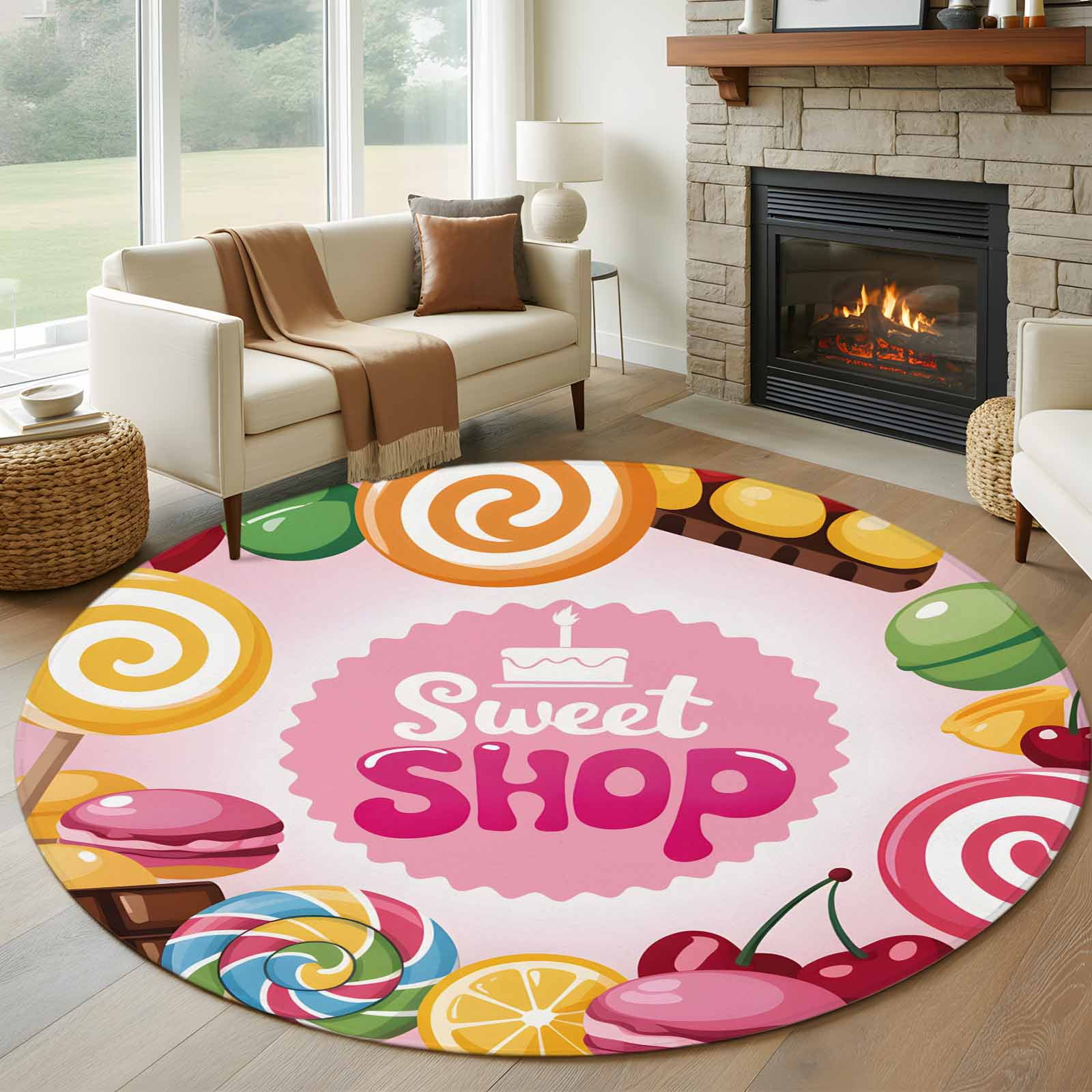 8ft Round Rug, Sweet Shop Words Non-Skid Rubber Backing Large Area Rugs ...