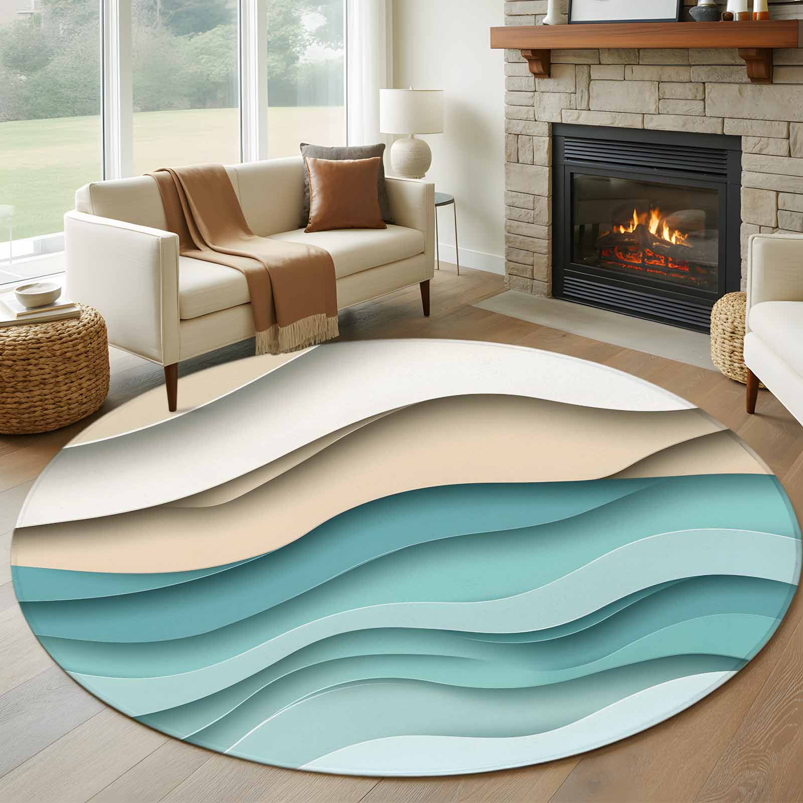 8ft Round Rug, Teal Brown Ombre Non-Skid Rubber Backing Large Area Rugs ...