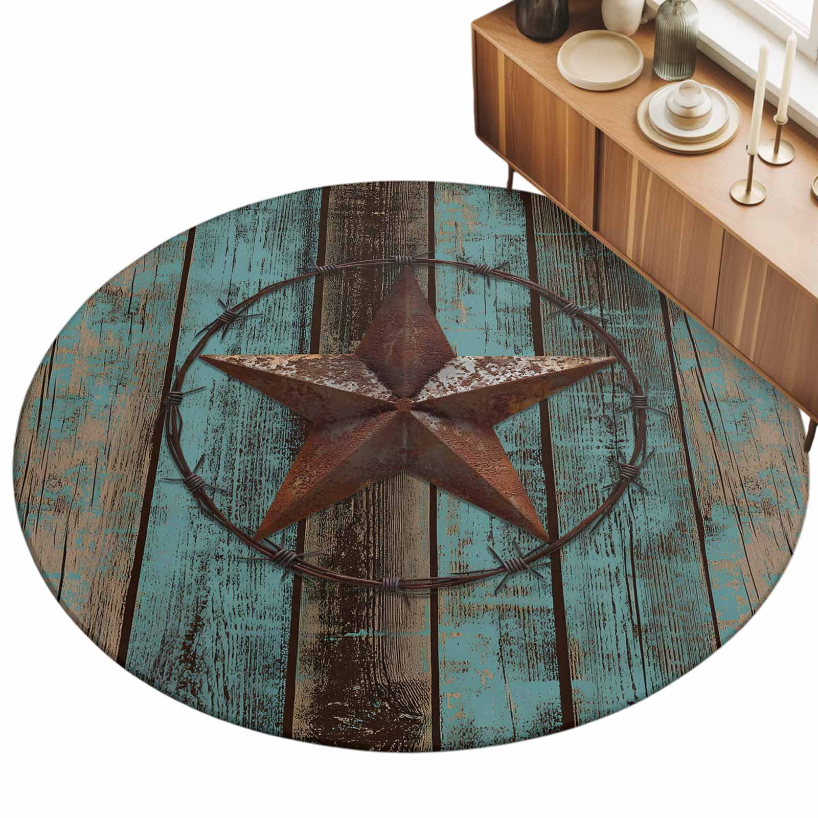 8ft Round Rug Teal Brown Texas Star Retro Area Rugs for Living Room ...
