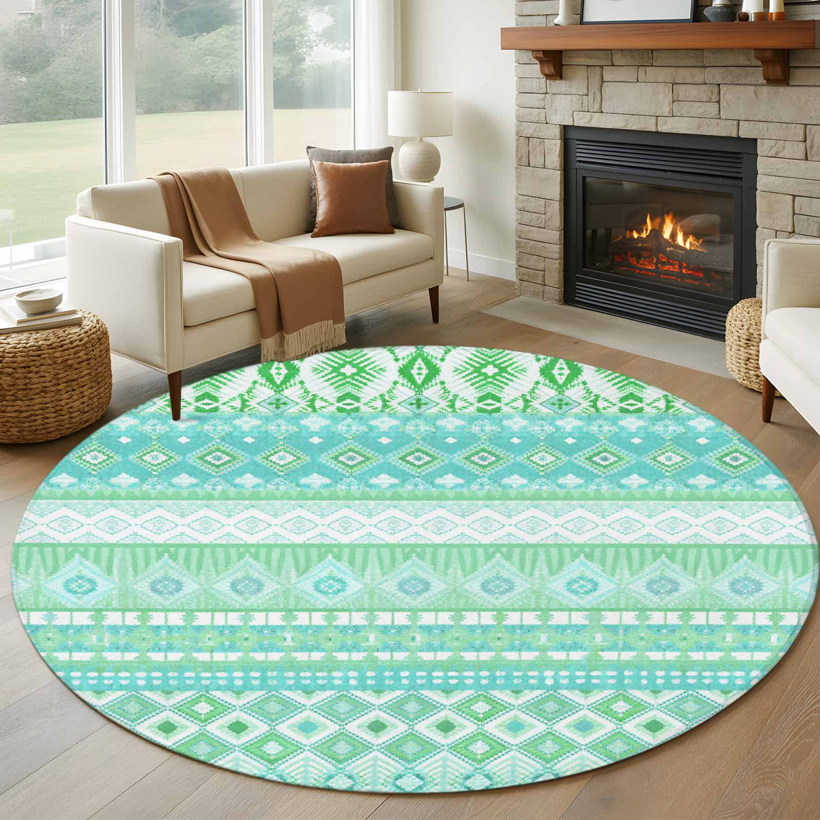 8ft Round Rug, Teal Green Boho Non-Skid Rubber Backing Large Area Rugs ...