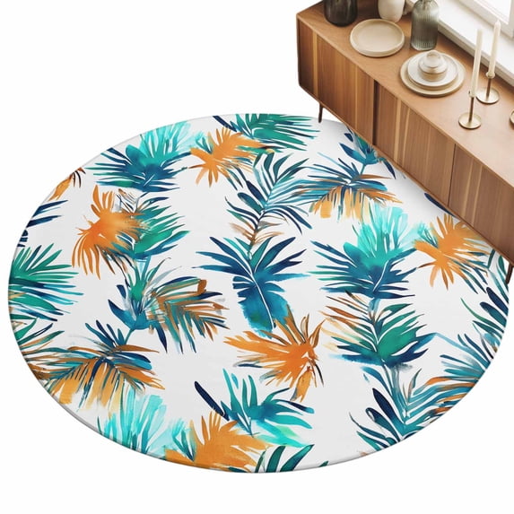 8ft Round Rug Teal Orange Palm Leaf Area Rugs for Living Room Bedroom ...