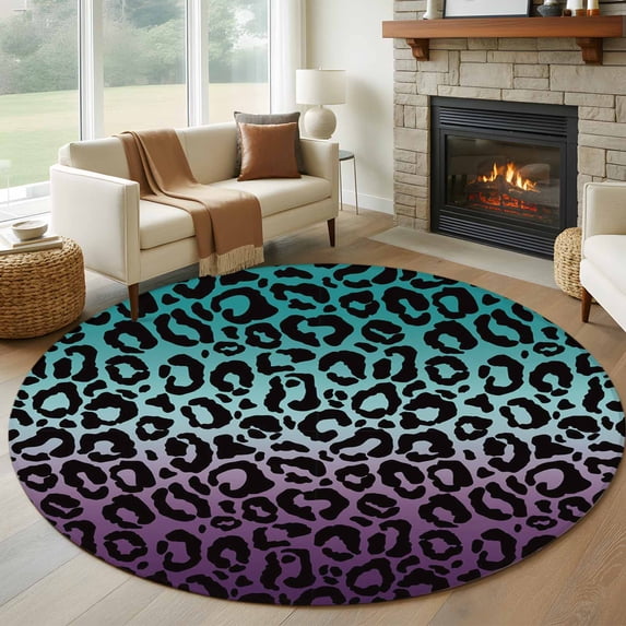 8ft Round Rug, Teal Purple Ombre Leopard Non-Skid Rubber Backing Large ...