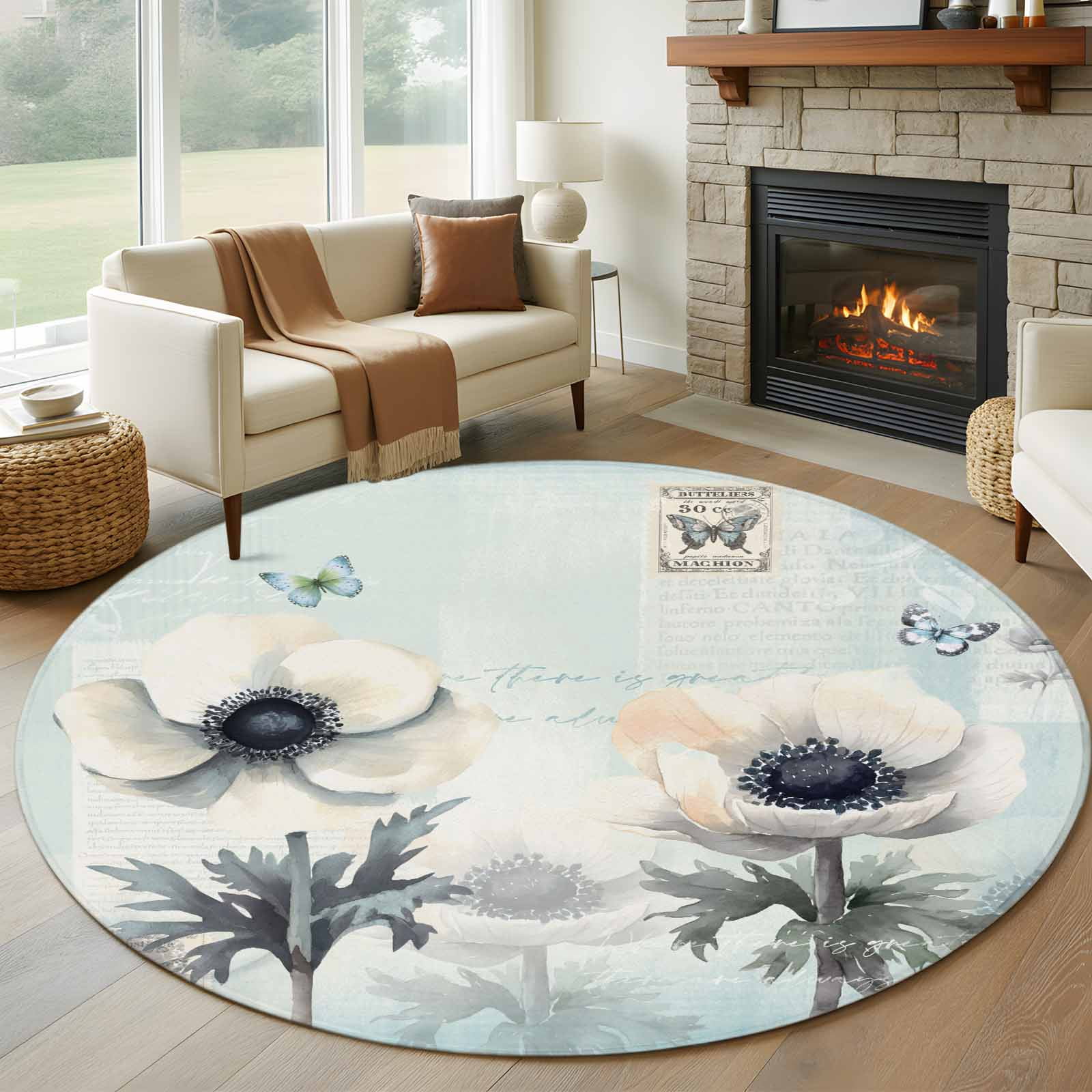 8ft Round Rug, Teal Spring Floral Non-Skid Rubber Backing Large Area ...