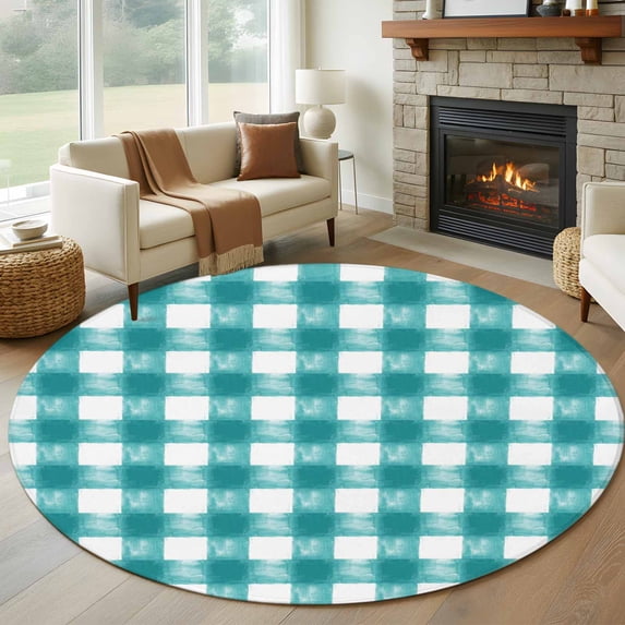 8ft Round Rug, Turquoise Buffalo Check Non-Skid Rubber Backing Large ...