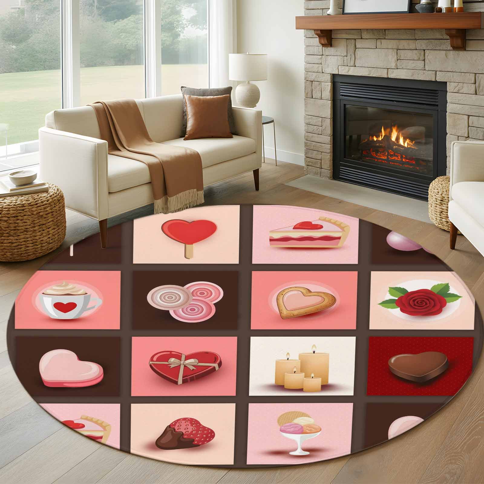 8ft Round Rug, Valentine's Day Non-Skid Rubber Backing Large Area Rugs ...