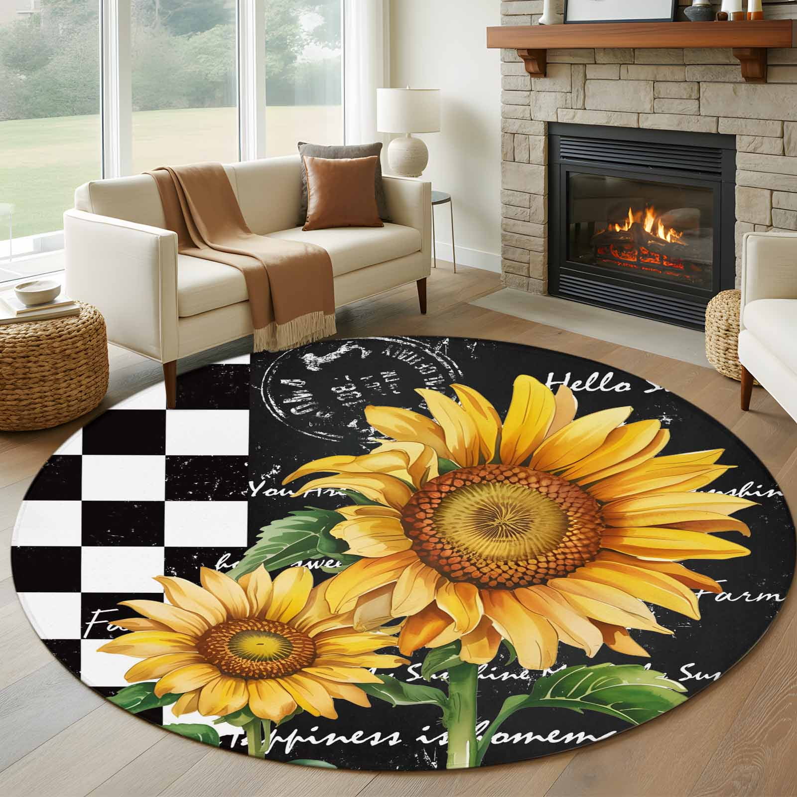 8ft Round Rug, Vintage Sunflower Non-Skid Rubber Backing Large Area ...