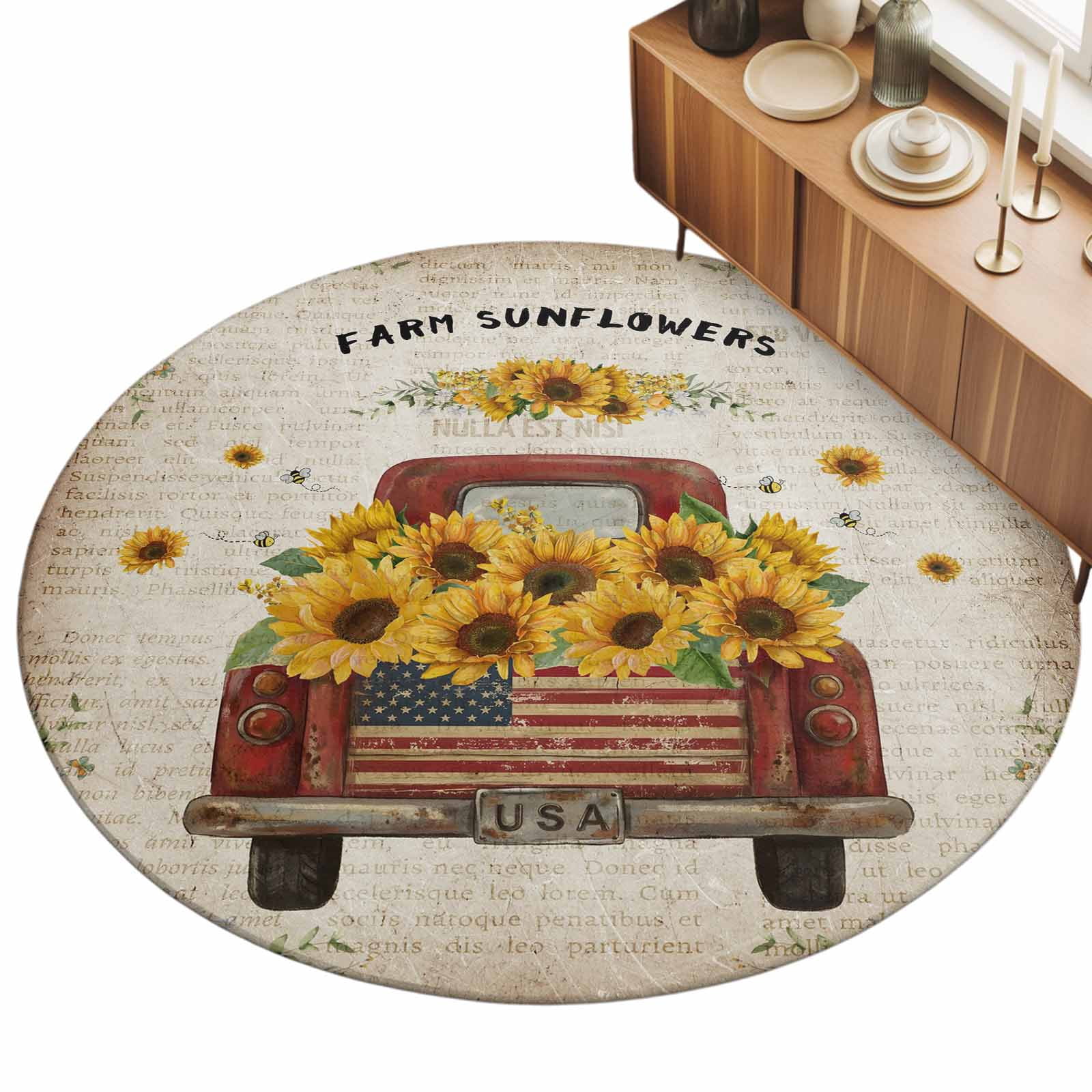 8ft Round Rug Vintage Sunflower Truck Area Rugs for Living Room Bedroom ...