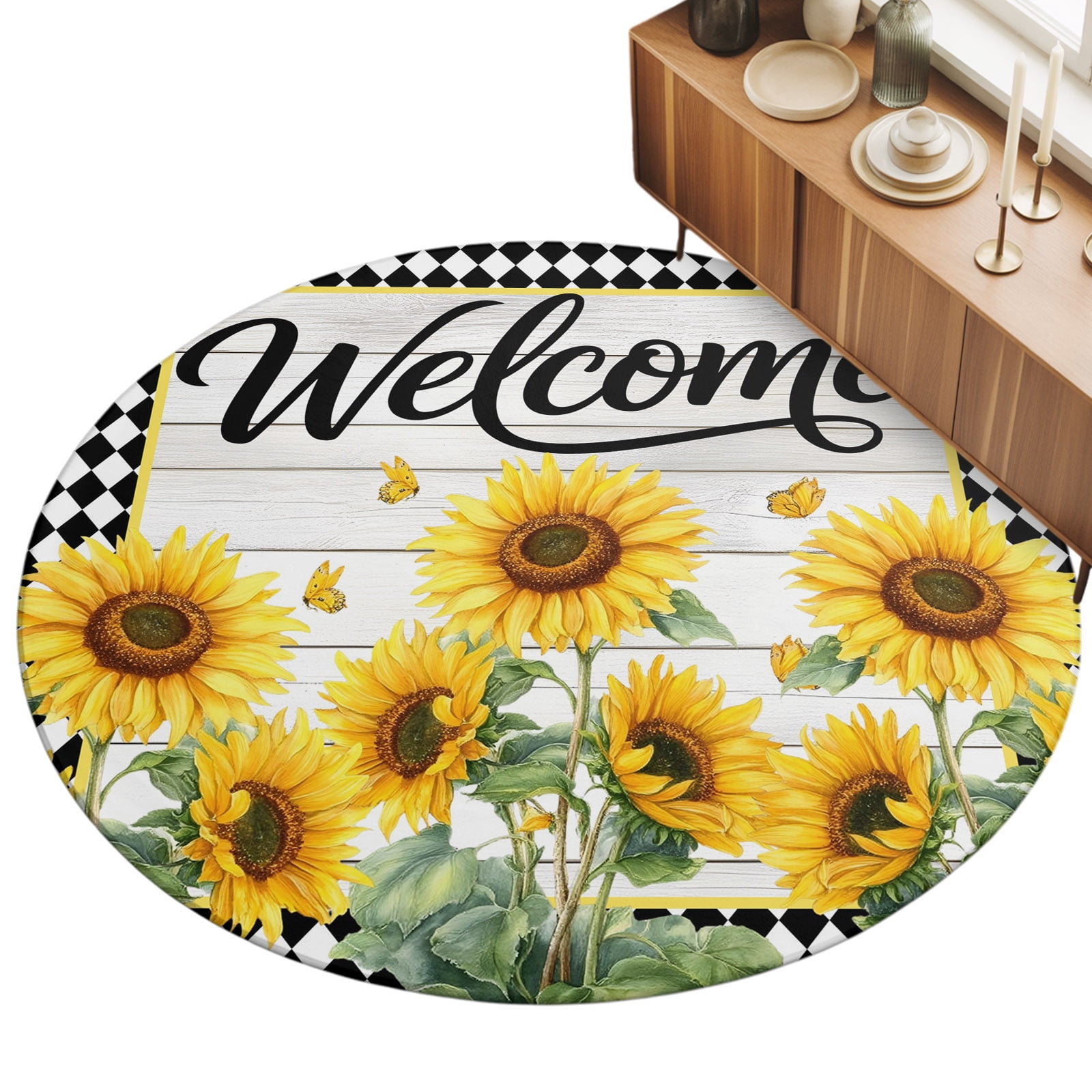 8ft Round Rug Welcome Sunflowers Area Rugs for Living Room Bedroom ...