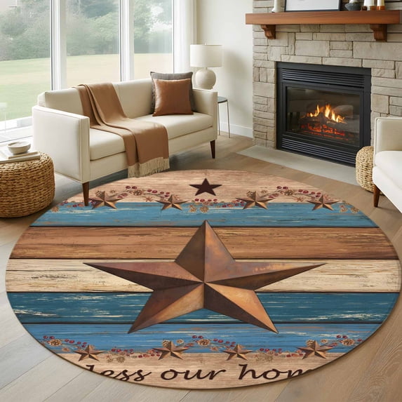 8ft Round Rug, Western Texas Star Retro Non-Skid Rubber Backing Large ...
