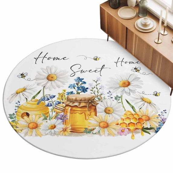 8ft Round Rug White Daisy Area Rugs for Living Room Bedroom Washable ...