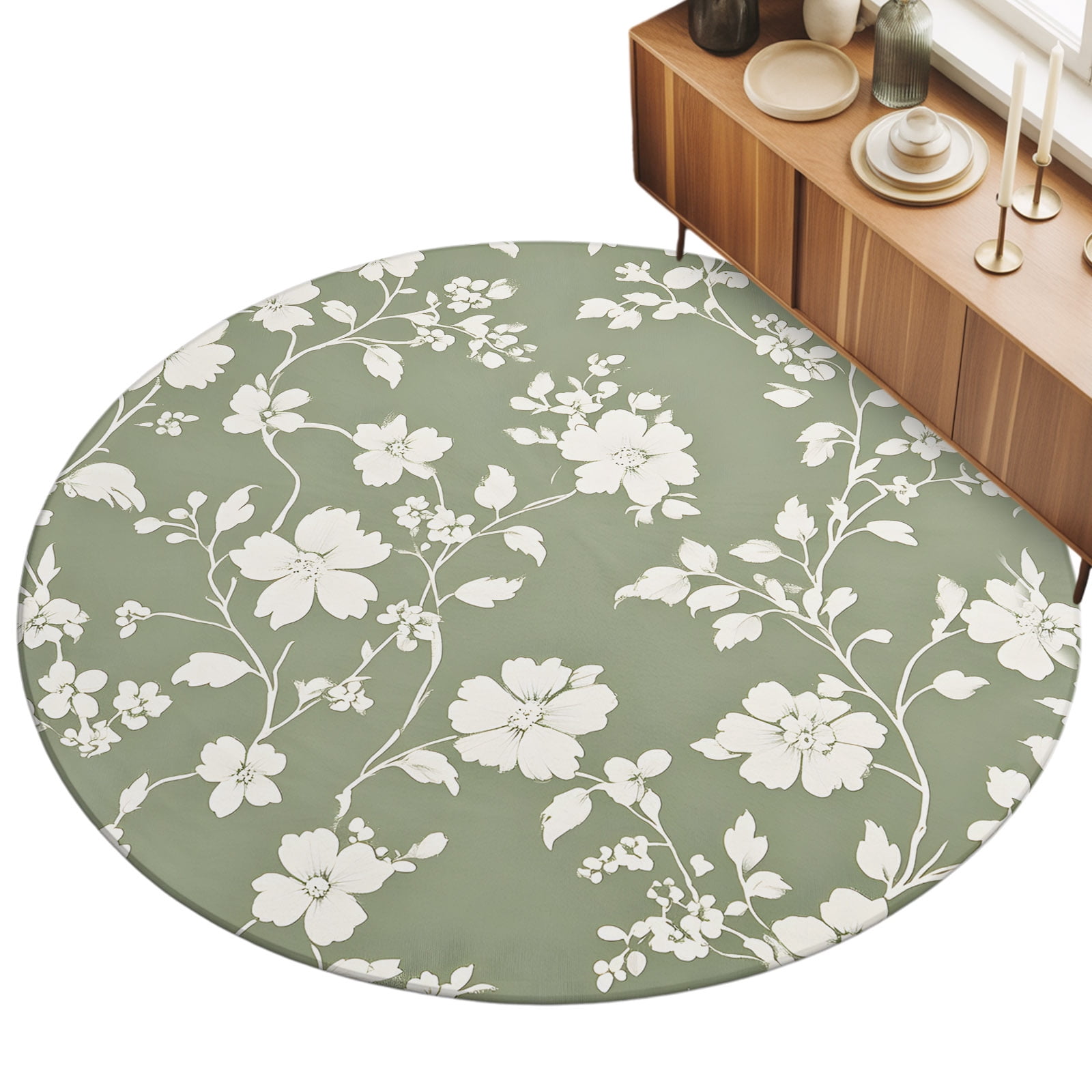 8ft Round Rug White Spring Floral Area Rugs for Living Room Bedroom ...