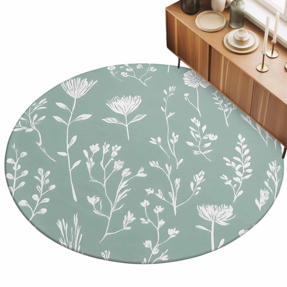 8ft Round Rug White Teal Spring Floral Area Rugs for Living Room ...