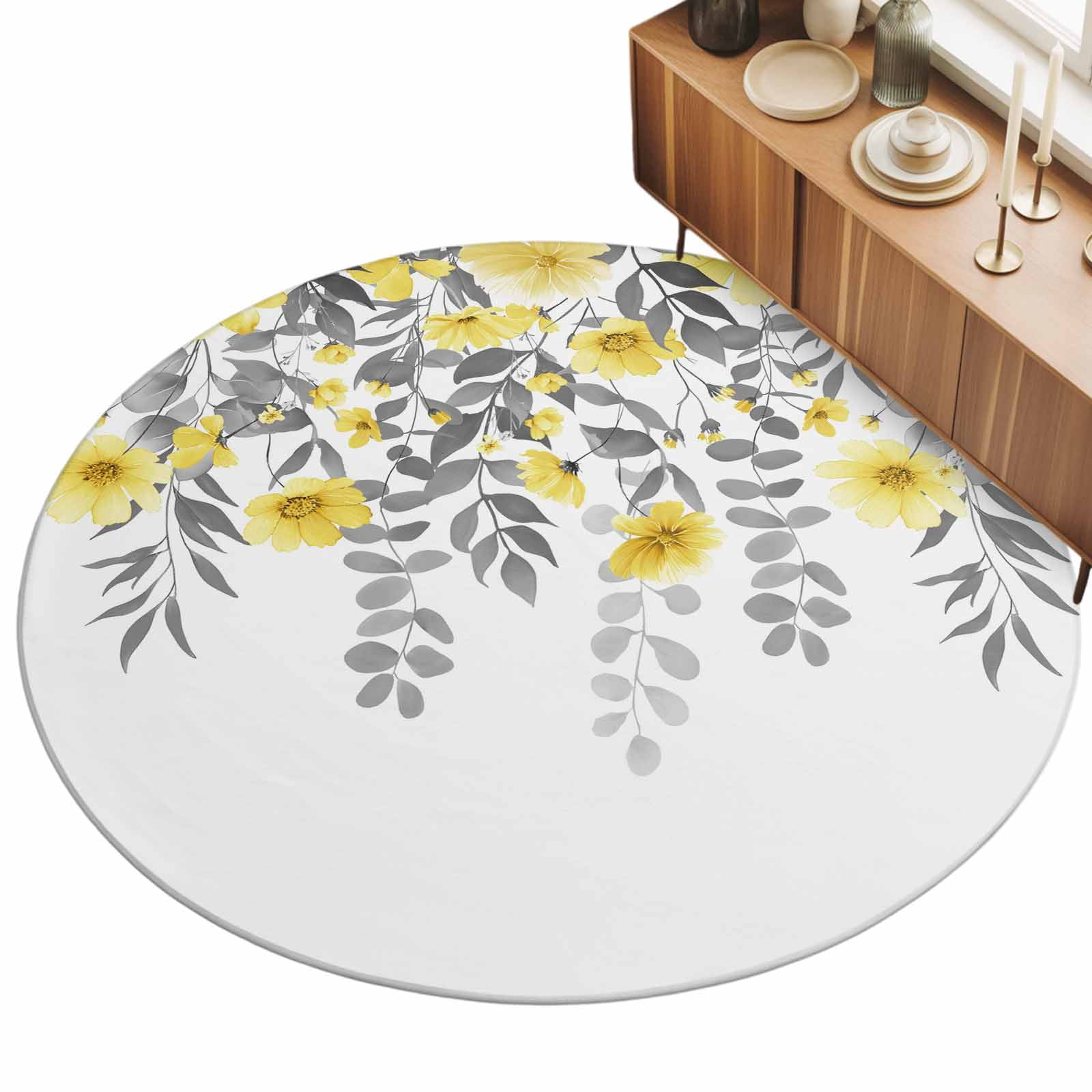 8ft Round Rug Yellow Floral Area Rugs for Living Room Bedroom Washable ...