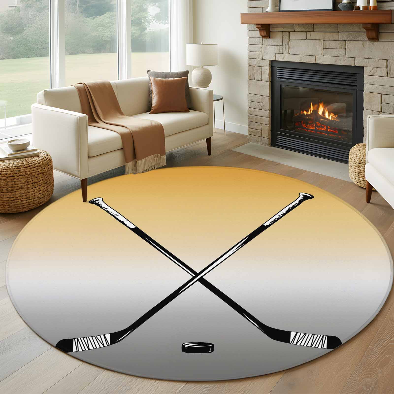 8ft Round Rug, Yellow Gray Ombre Non-Skid Rubber Backing Large Area ...