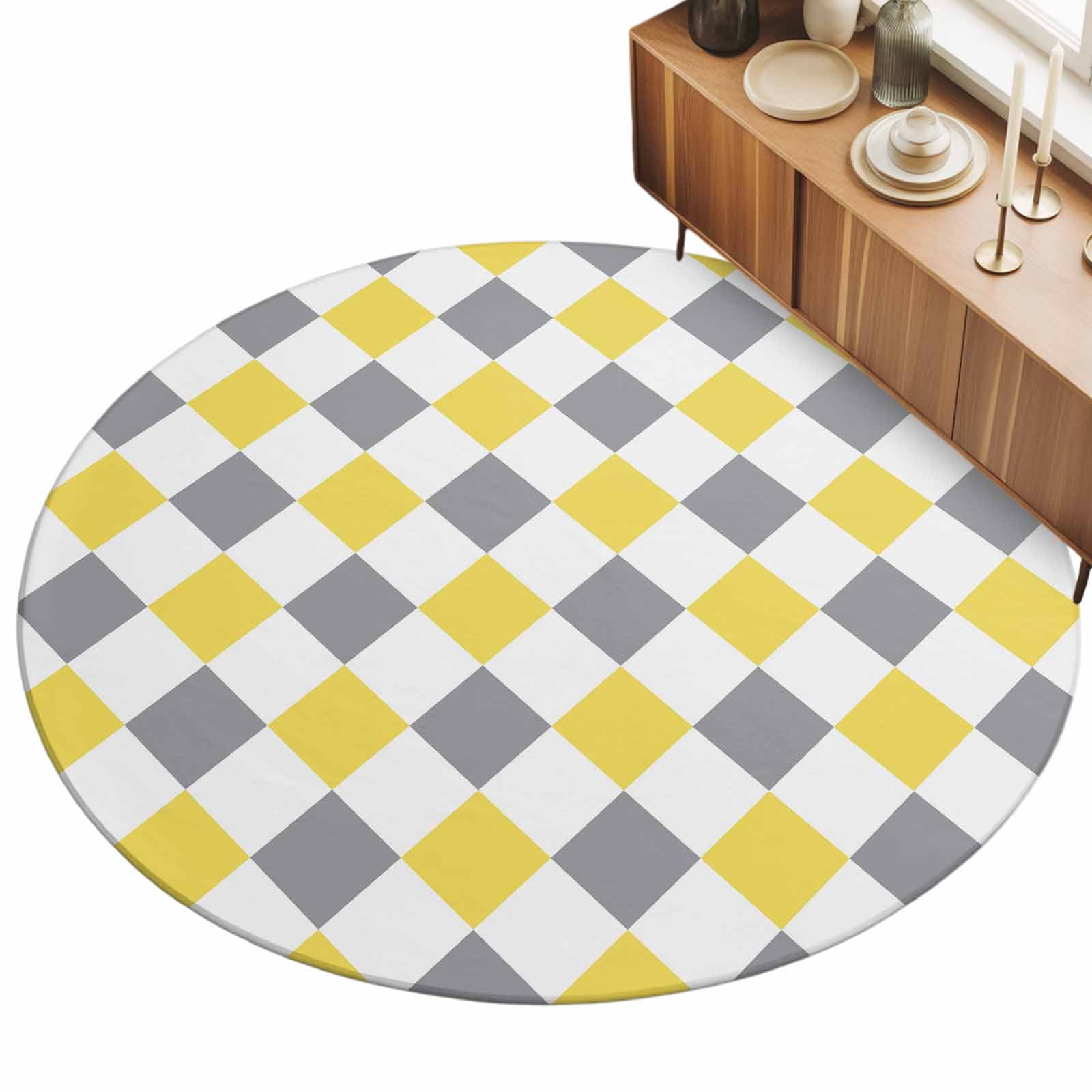 8ft Round Rug Yellow Grey Plaid Area Rugs for Living Room Bedroom ...