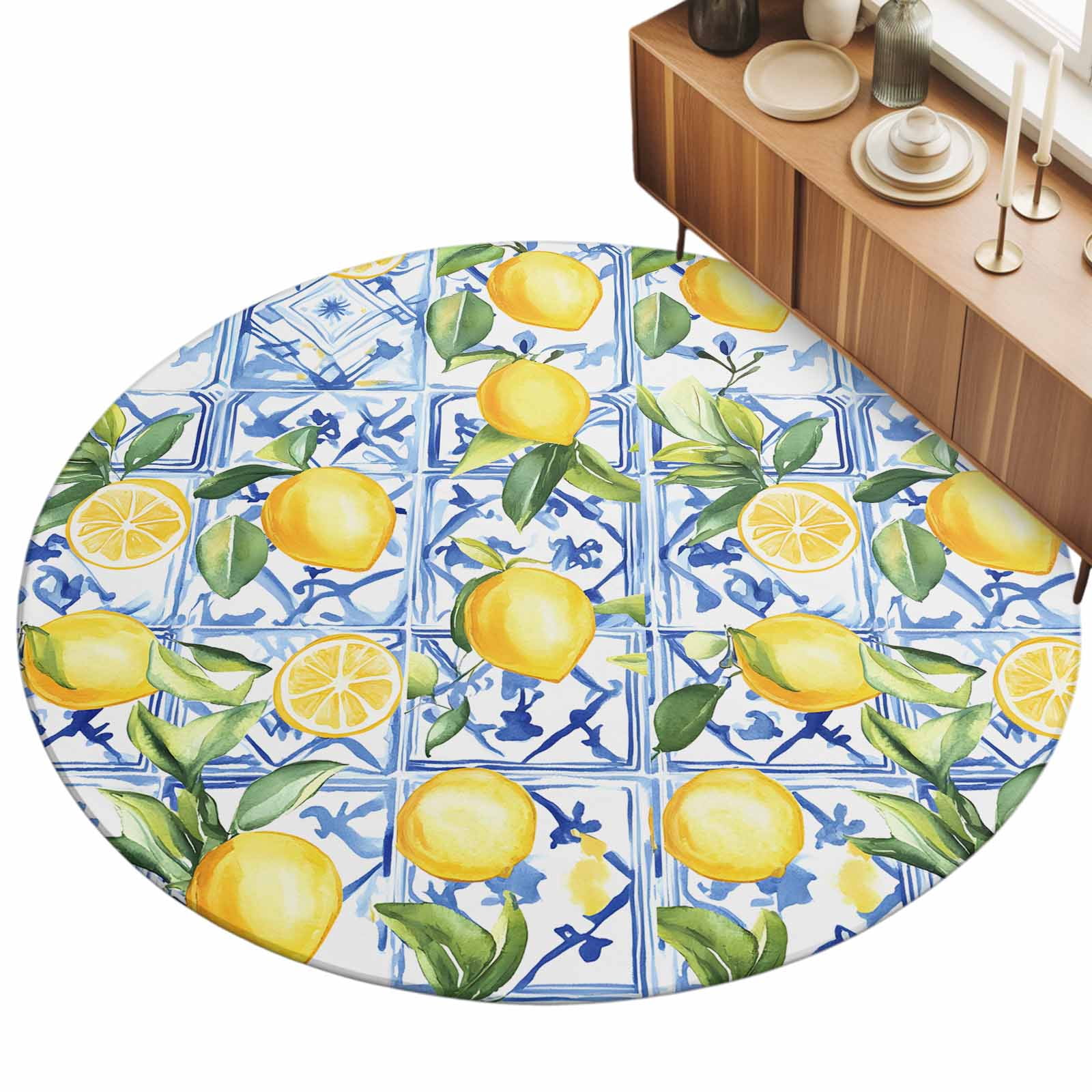 8ft Round Rug Yellow Lemon Area Rugs for Living Room Bedroom Washable ...