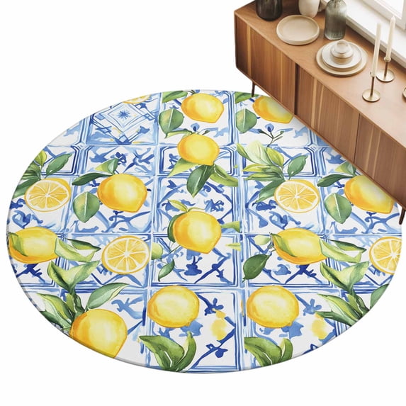 8ft Round Rug Yellow Lemon Area Rugs for Living Room Bedroom Washable ...