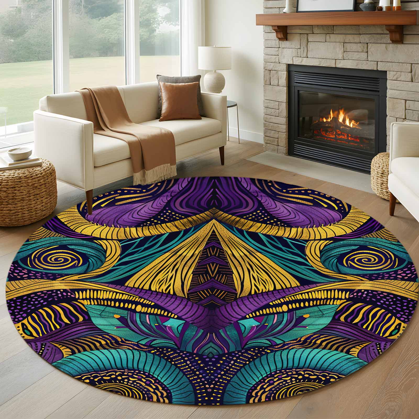 8ft Round Rug, Yellow Purple Green Non-Skid Rubber Backing Large Area Rugs - Living Room Bedroom ...