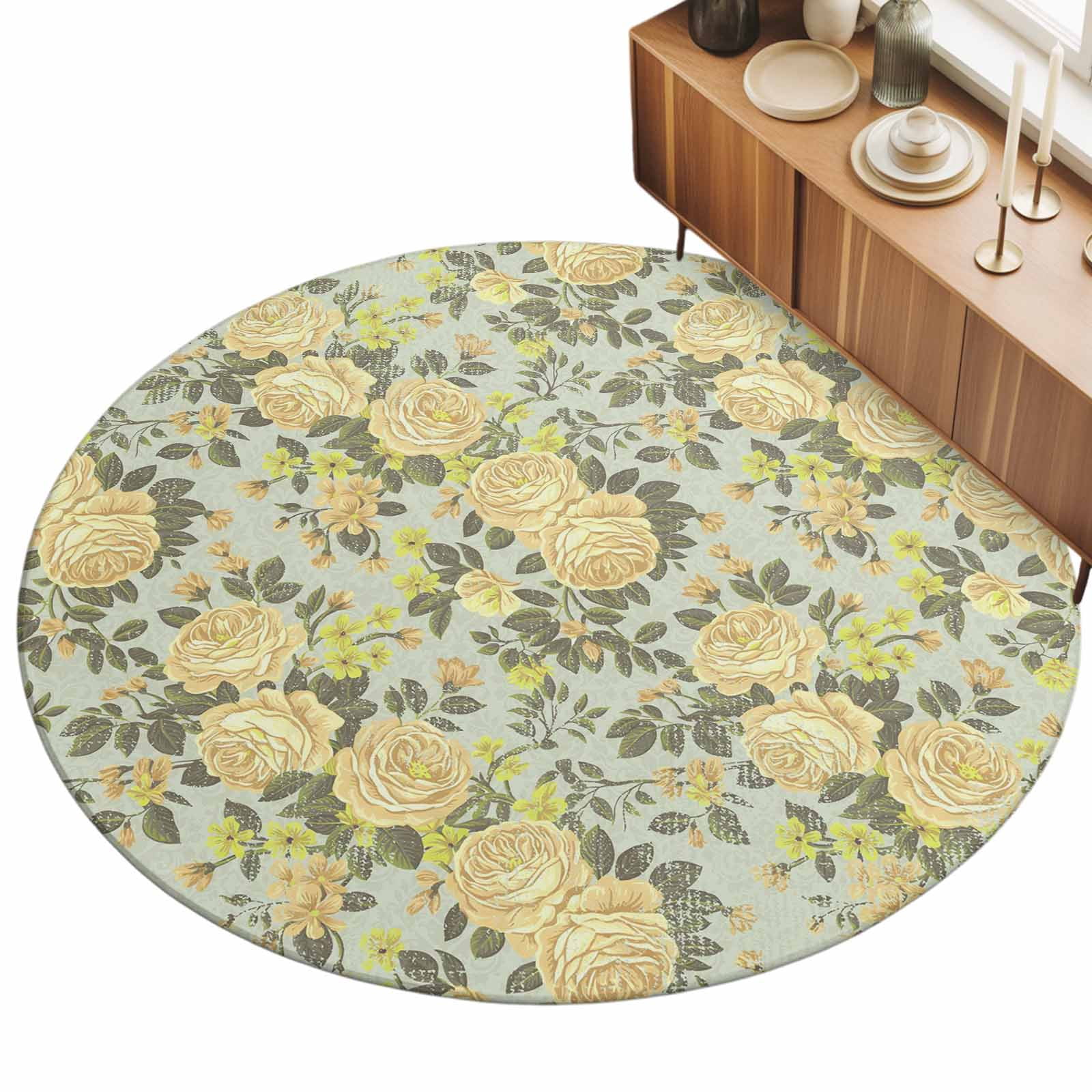 8ft Round Rug Yellow Rose Area Rugs for Living Room Bedroom Washable ...