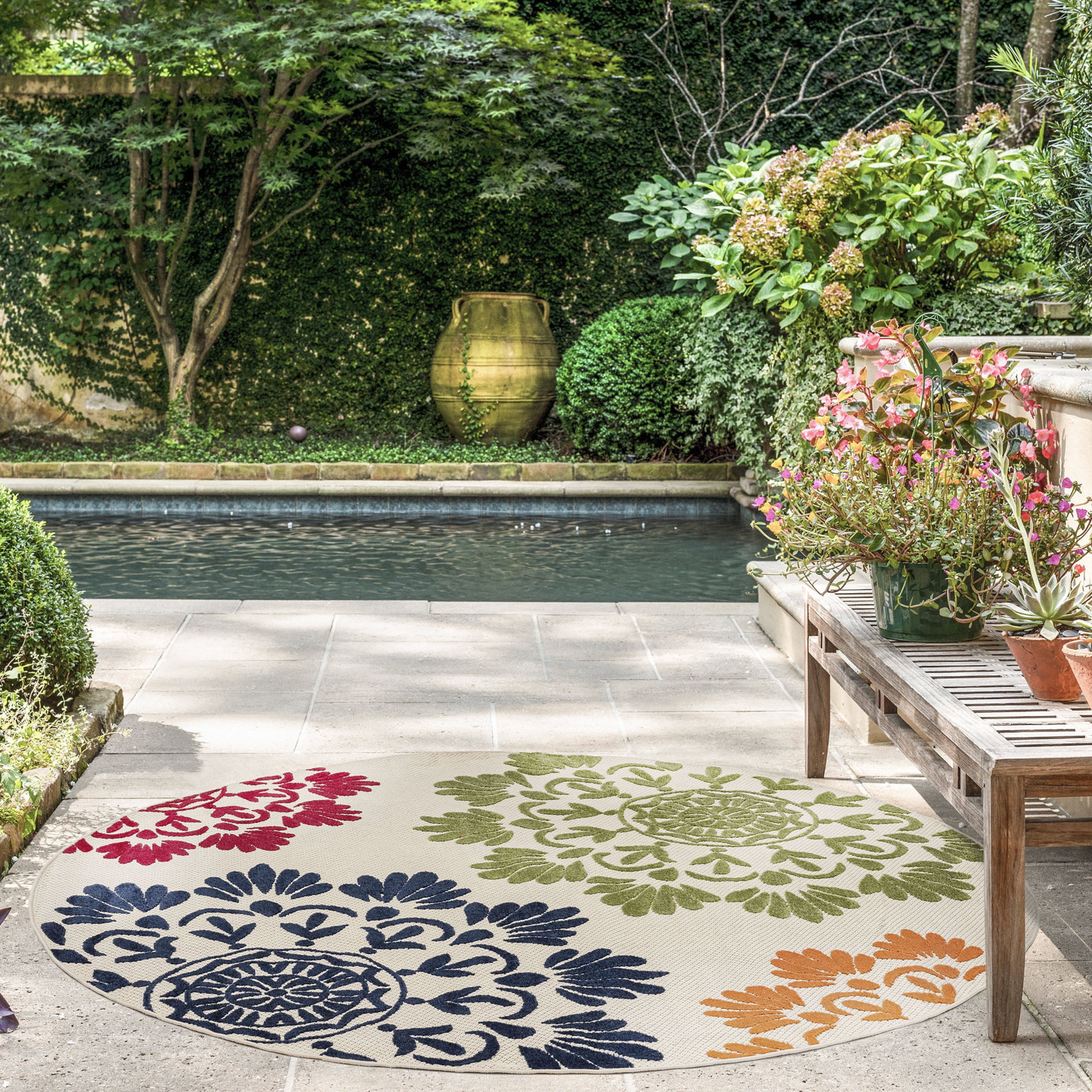 Oasis Modern Floral Multicolor Polypropylene Indoor Outdoor Area Rug, 8 ...