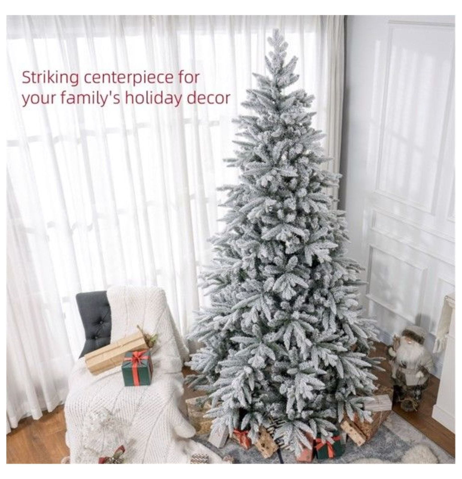 8ft Snow Flocked Christmas Tree, 2003 Tips Green Holiday Tree with ...