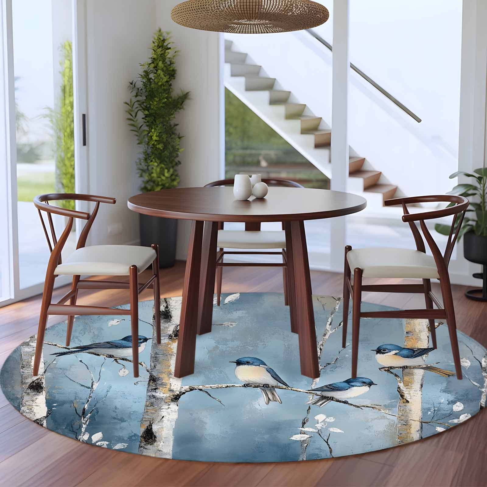 8ft Washable Large Round Rug, Bird on Tree Non-Slip Circle Area Rug for ...