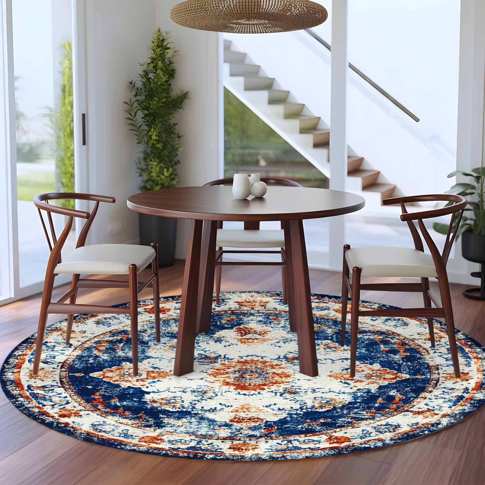 8ft Washable Large Round Rug, Boho Non-Slip Circle Area Rug for Living ...