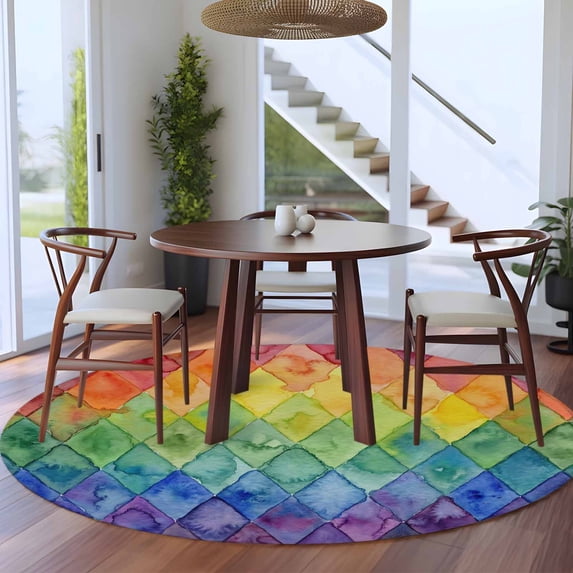 8ft Washable Large Round Rug, Colorful Modern Geometric Non-Slip Circle ...