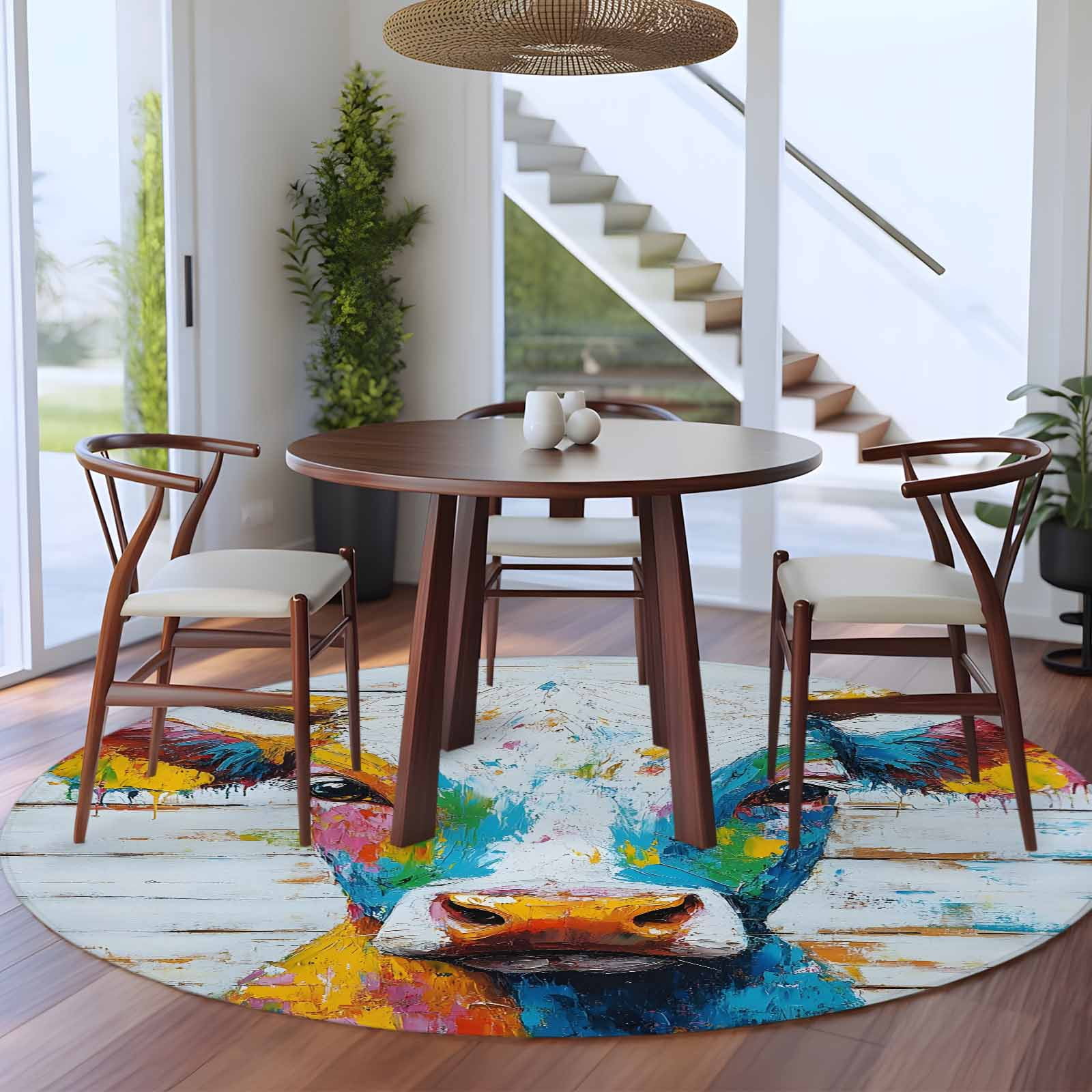 8ft Washable Large Round Rug, Country Oil Painting Non-Slip Circle Area ...
