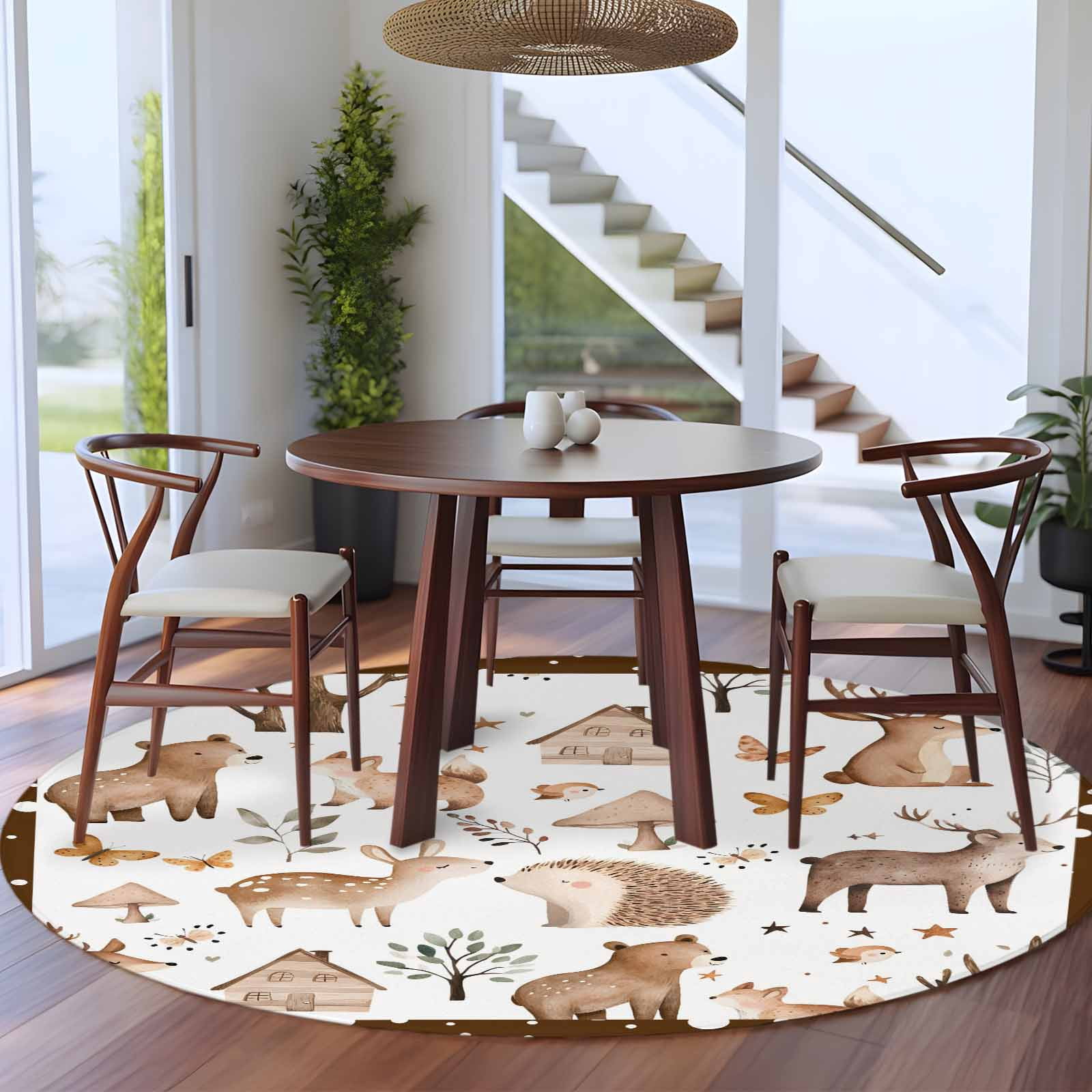 8ft Washable Large Round Rug, Forest Animal Non-Slip Circle Area Rug ...