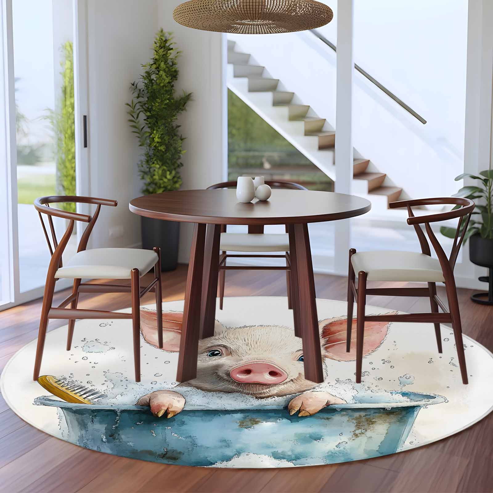 8ft Washable Large Round Rug, Pig Bathtub Non-Slip Circle Area Rug for ...