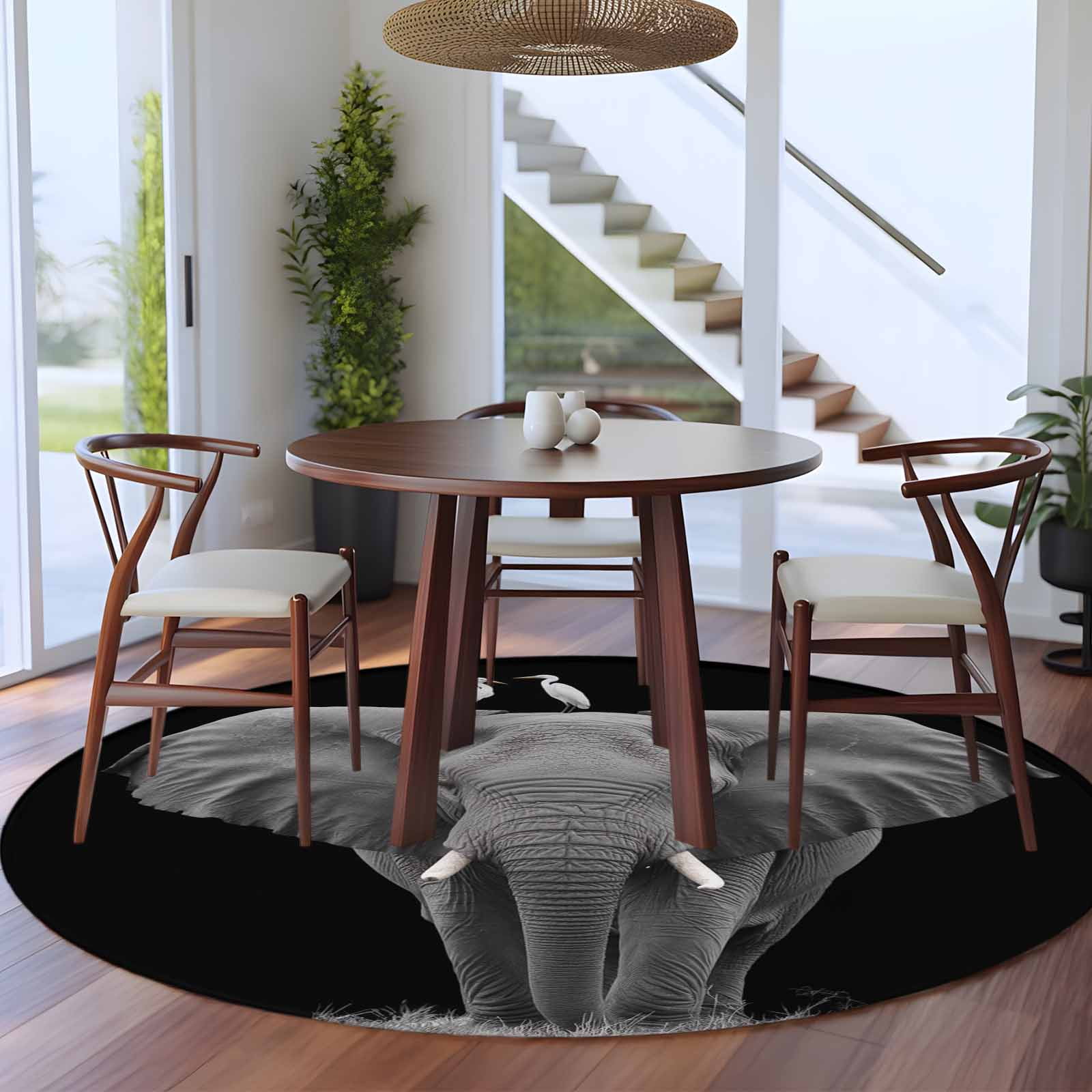 8ft Washable Large Round Rug, Vintage Elephant Bird Non-Slip Circle ...
