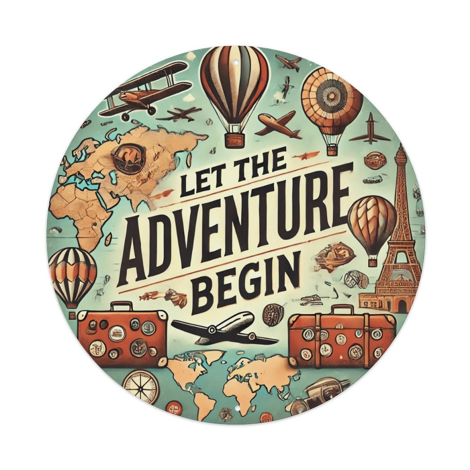 8in Round Let The Adventure Begin Vintage Travel Metal Sign, World Map ...