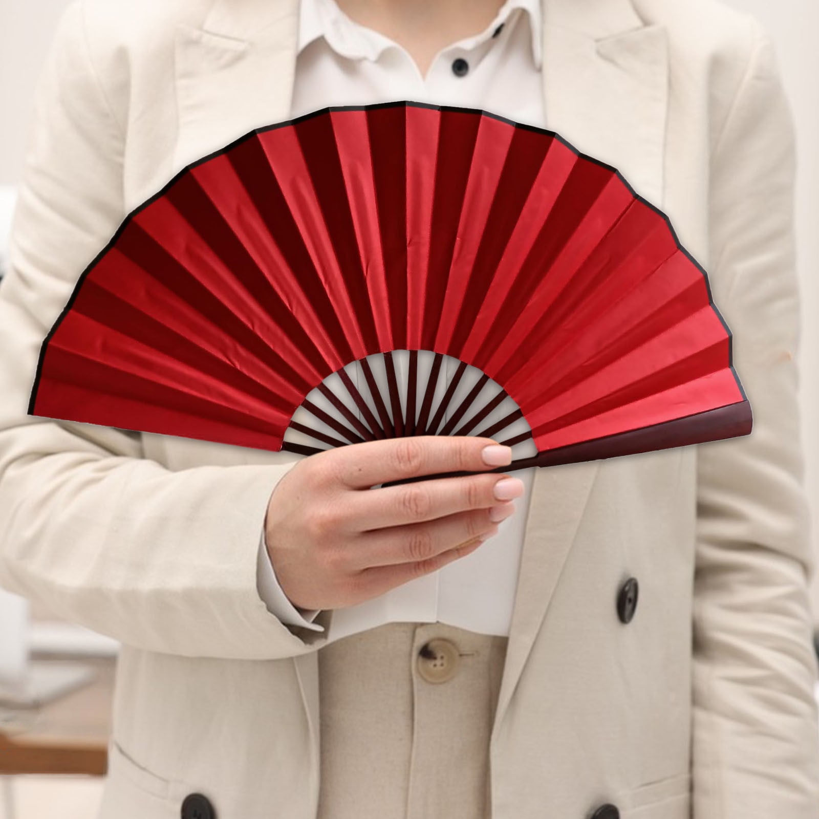 8in Silk Folding Hand Fan, 8 Inch Red Bone Plain Surface Lace Silk ...