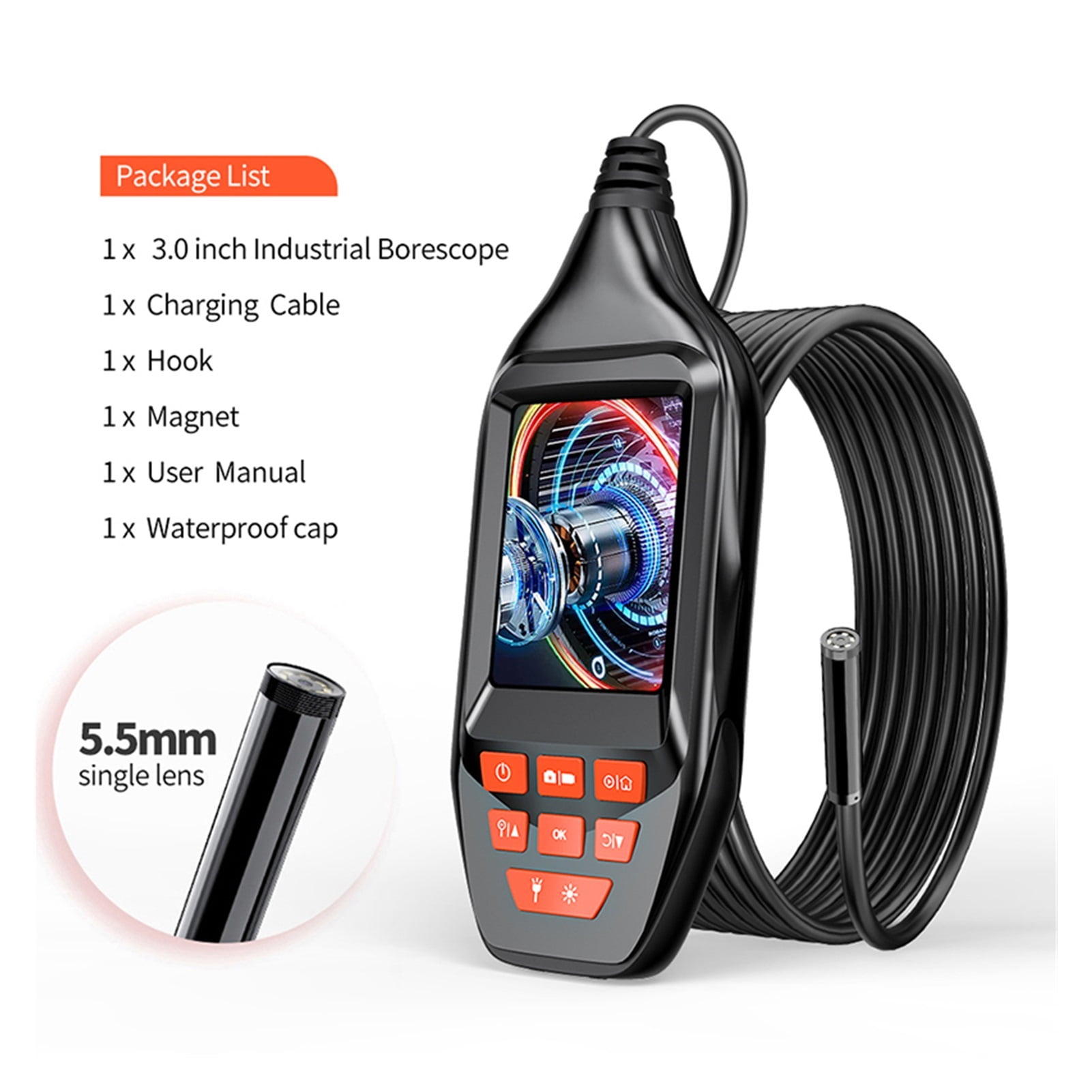 8mm 5.5mm Single Lens Industrial Endoscope 1080P HD 3 " LCD Digital ...