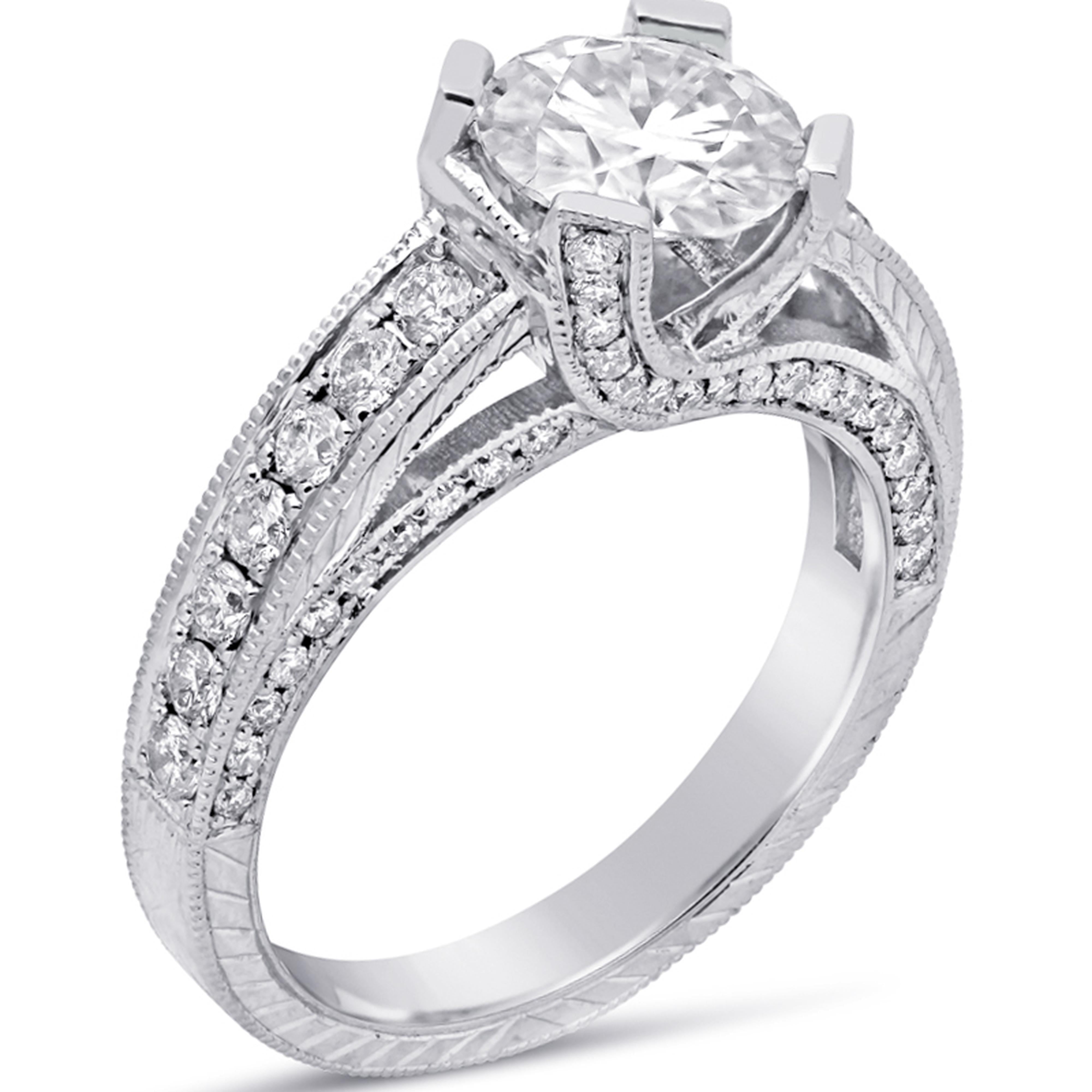 8mm Antique Style Three Sided Round Cut Pave Set Diamond Engagement ...