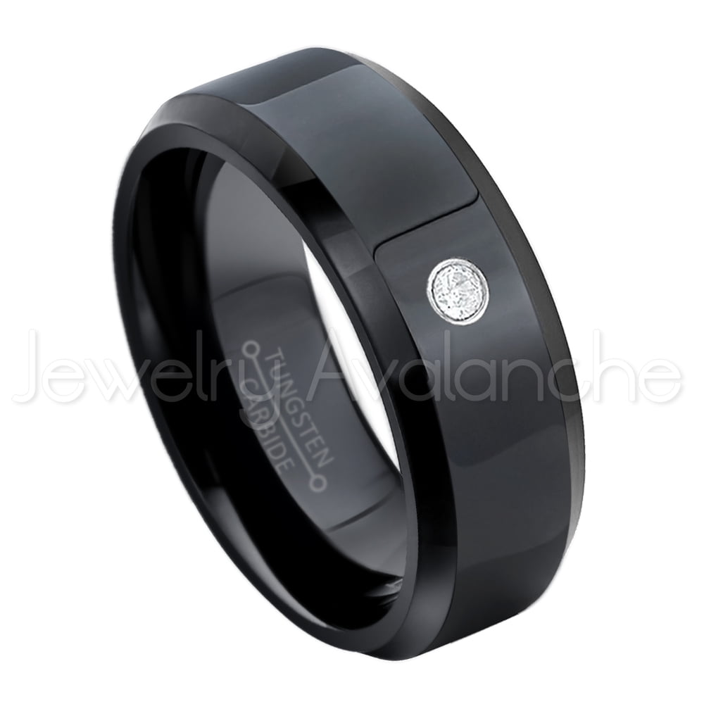 8mm Beveled Edge Black Tungsten Ring - 0.07ct Solitaire Diamond Ring ...