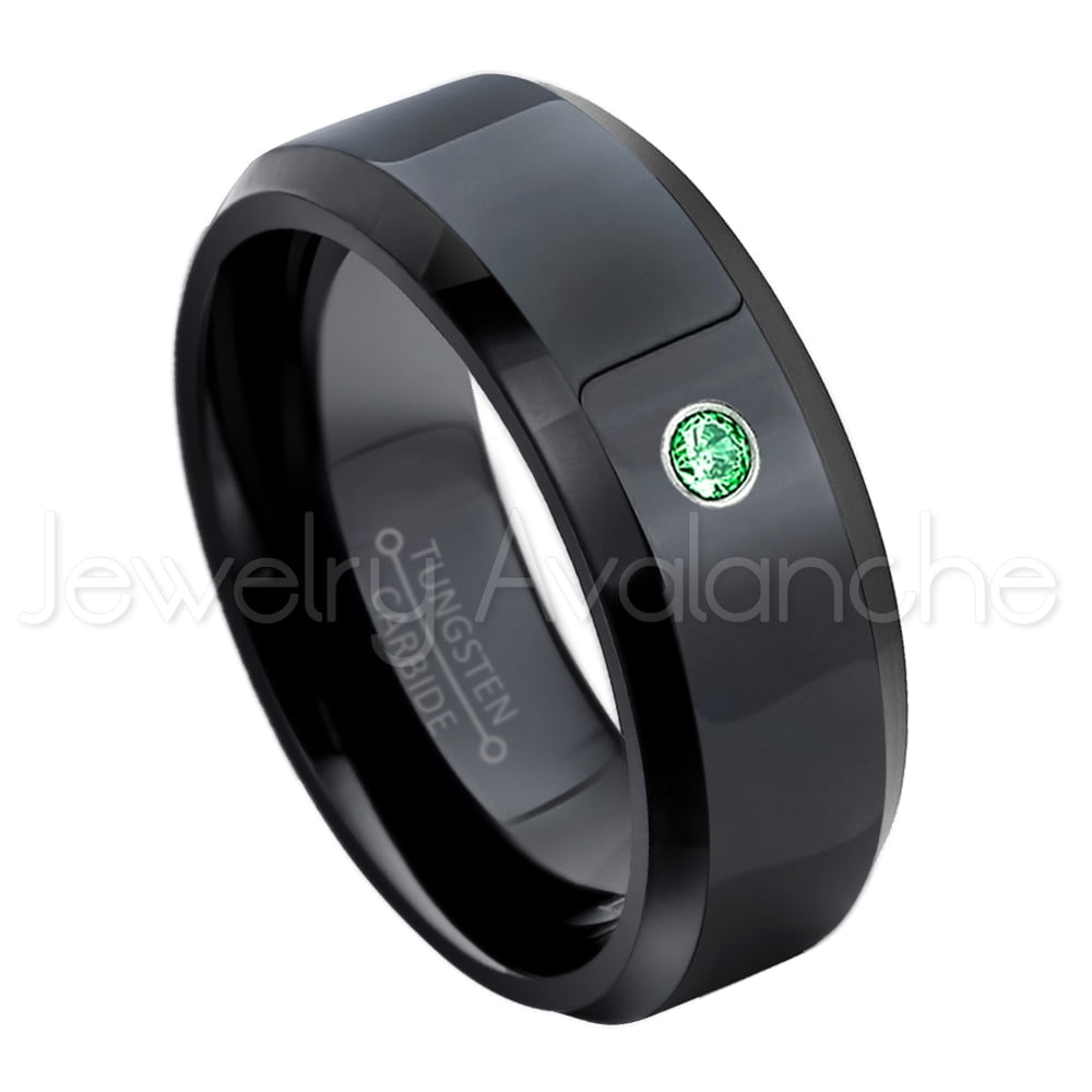 8mm Beveled Edge Black Tungsten Ring - 0.07ct Solitaire Tsavorite Ring ...
